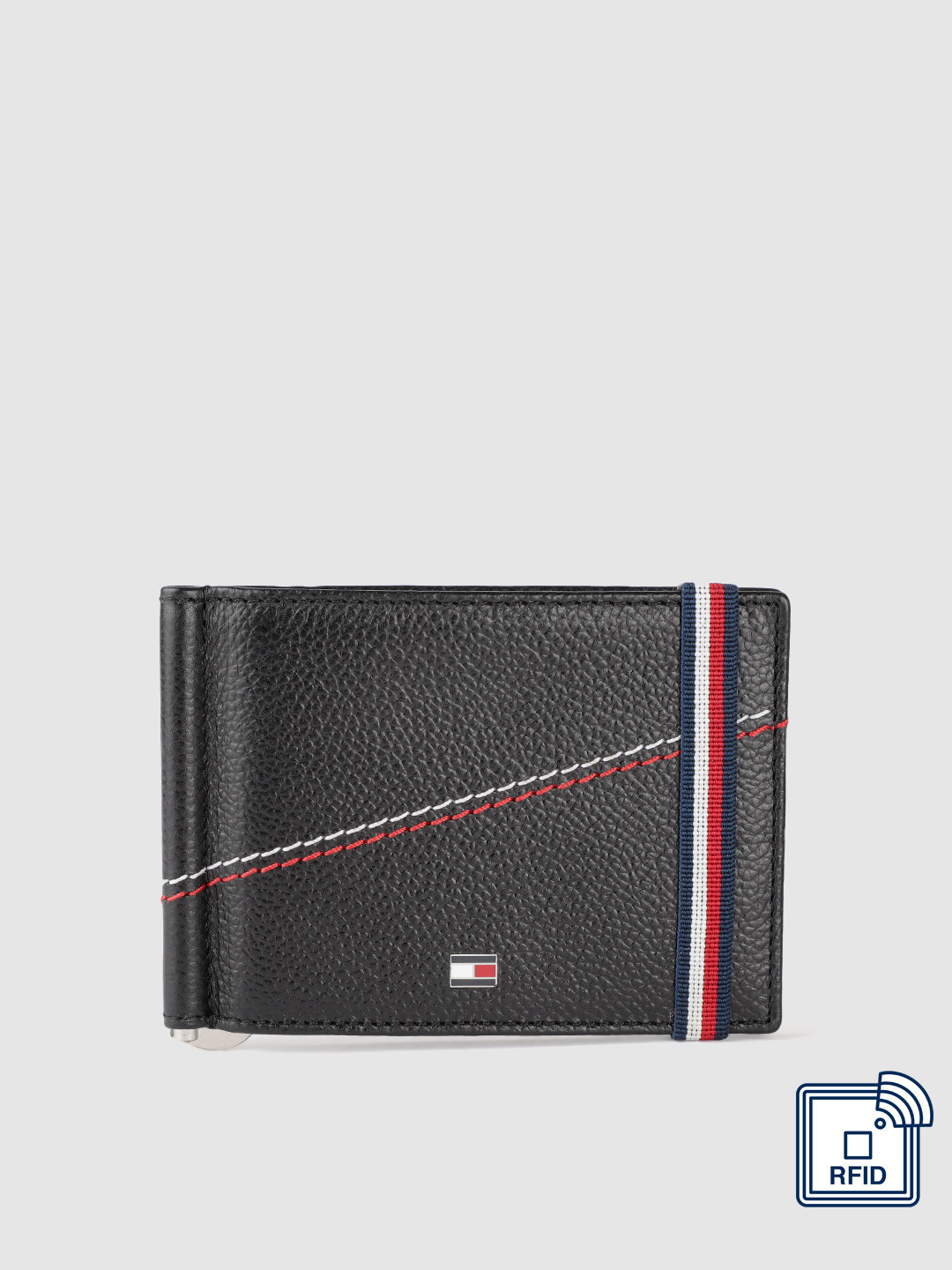Buy Tommy Hilfiger Men Black Textured Embroidered Leather Wallet ...