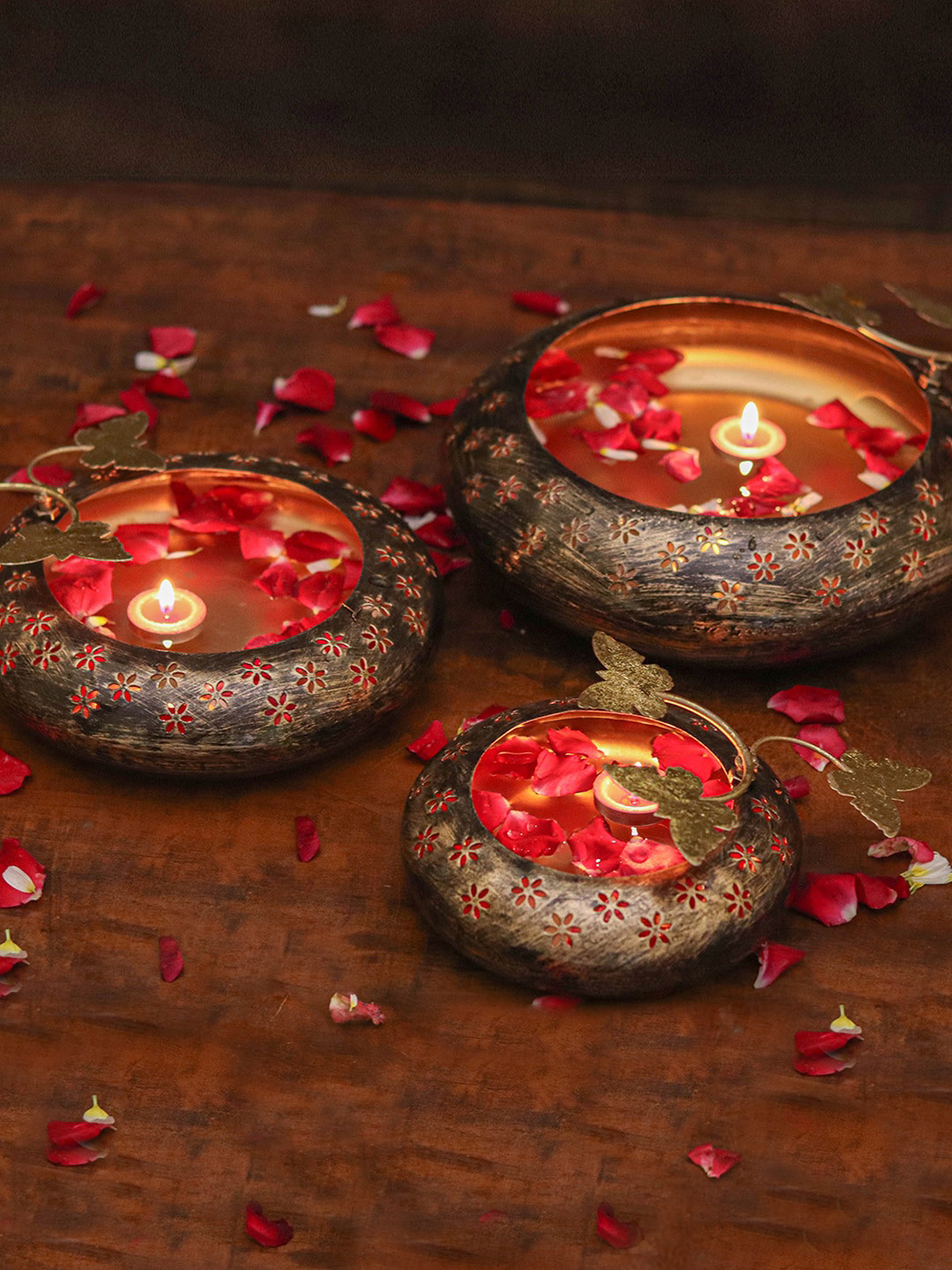 Buy StatueStudio Set Of 3 Copper Toned & Brown Urli Bowl Showpiece For ...