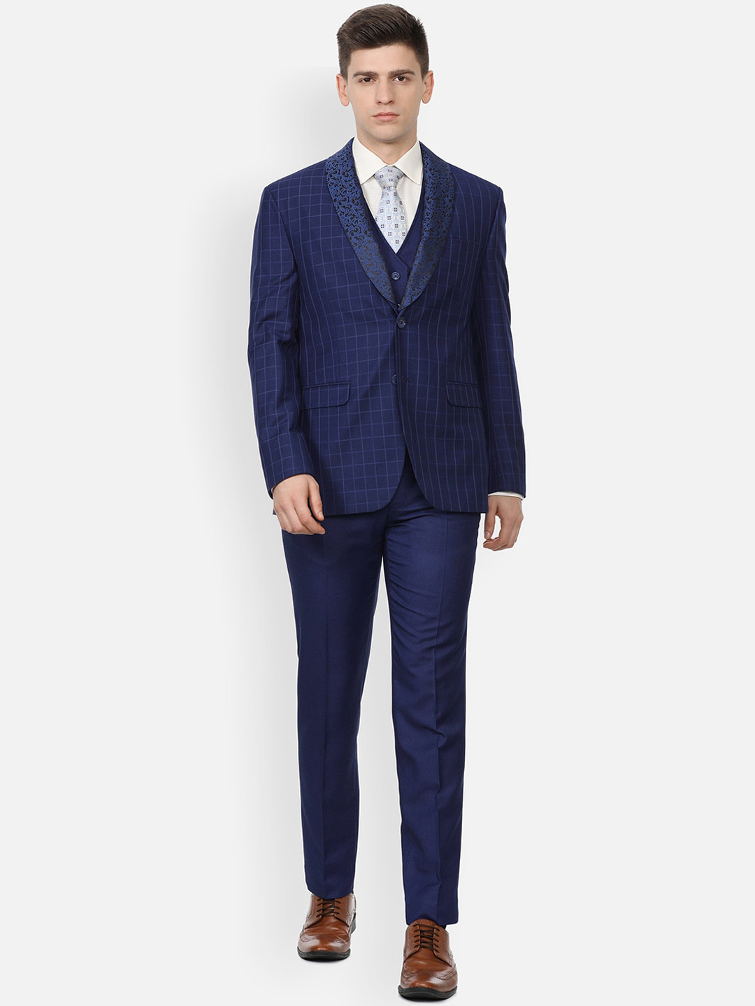 Buy Van Heusen Men Navy Blue Checked 4 Pc Single Breasted Suit - Suits ...
