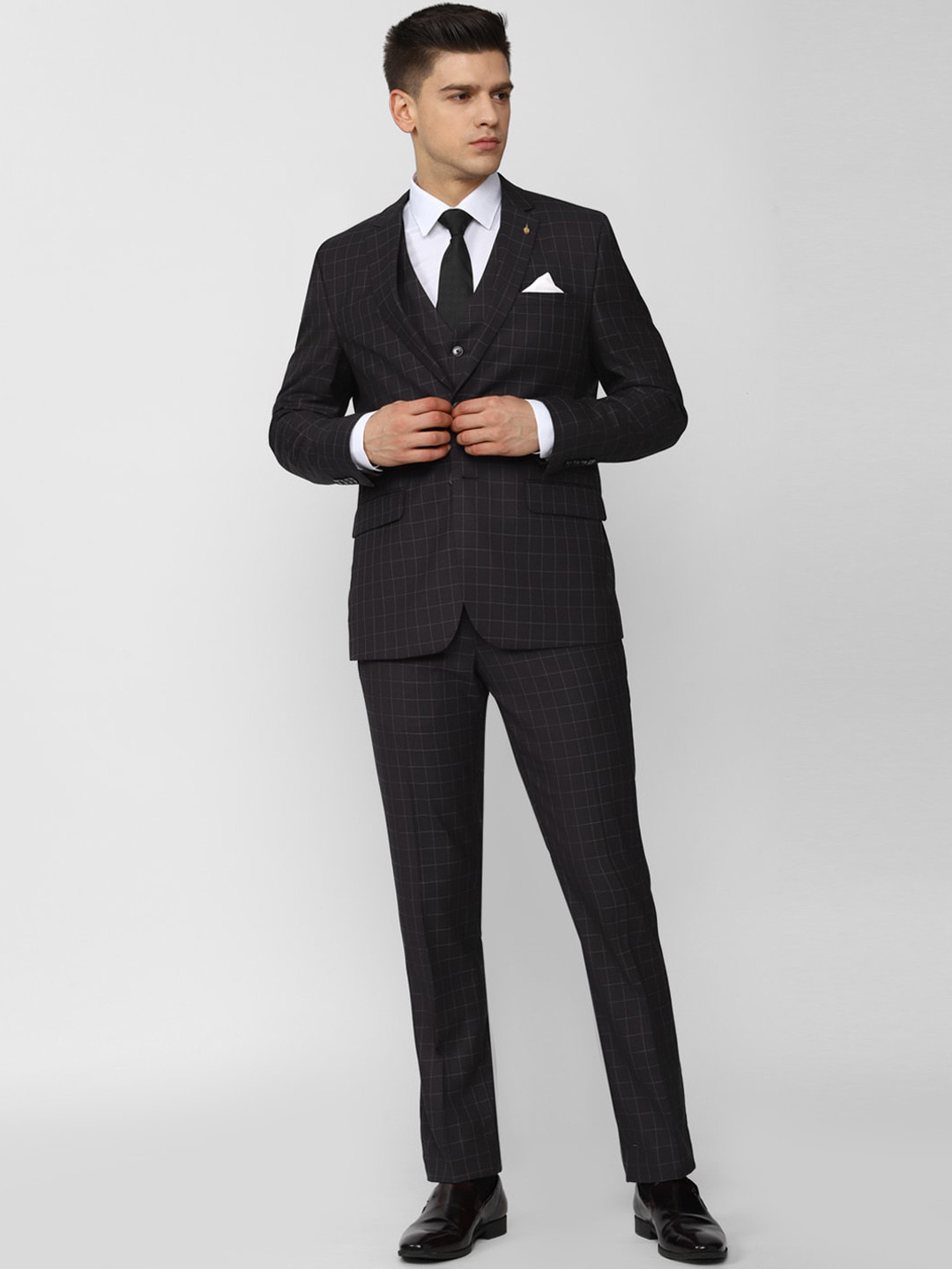 Buy Van Heusen Men Black Checked Single Breasted Slim Fit Three Piece ...