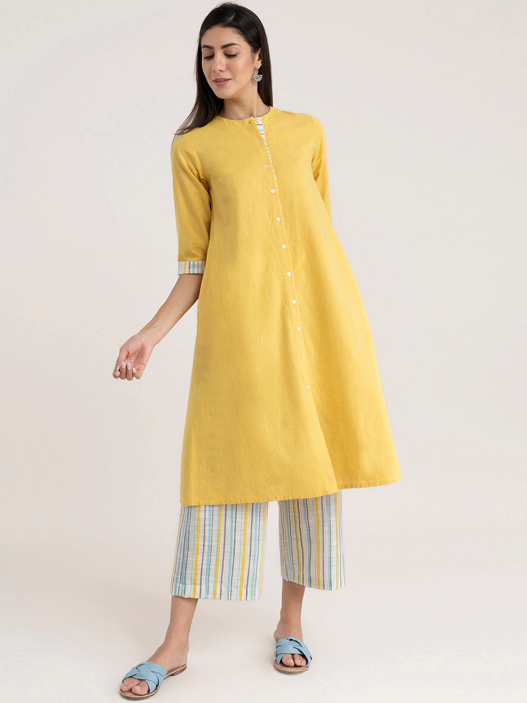 Buy Pink Fort Women Yellow Striped High Slit Kurti With Palazzos ...