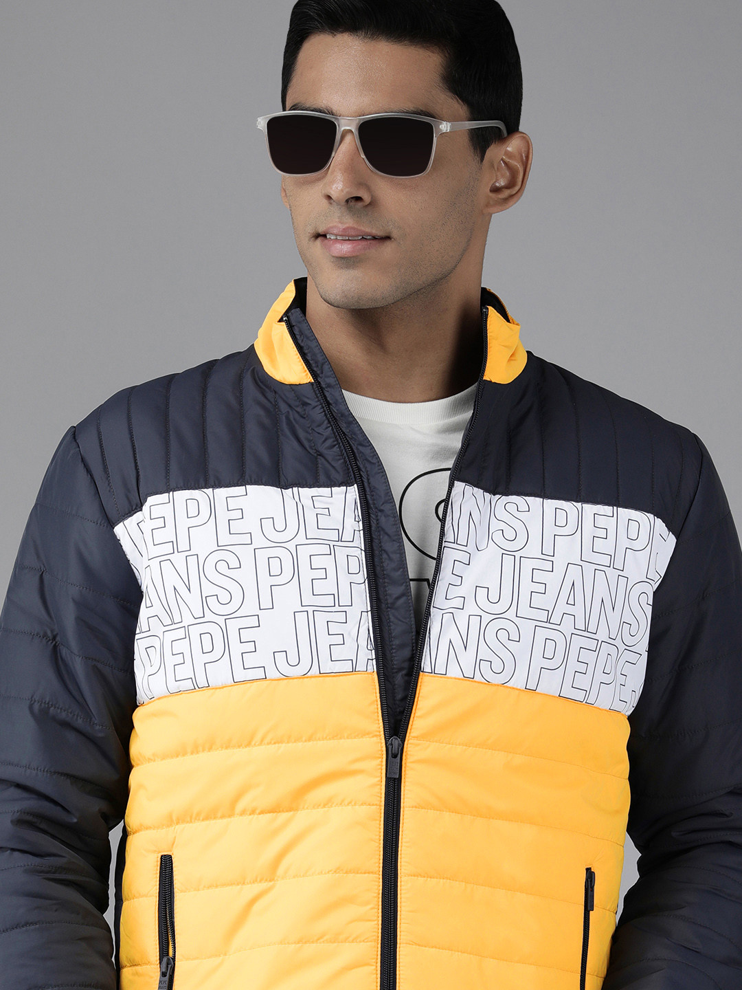 Buy Pepe Jeans Men Yellow& Navy Blue Colourblocked Padded Jacket ...
