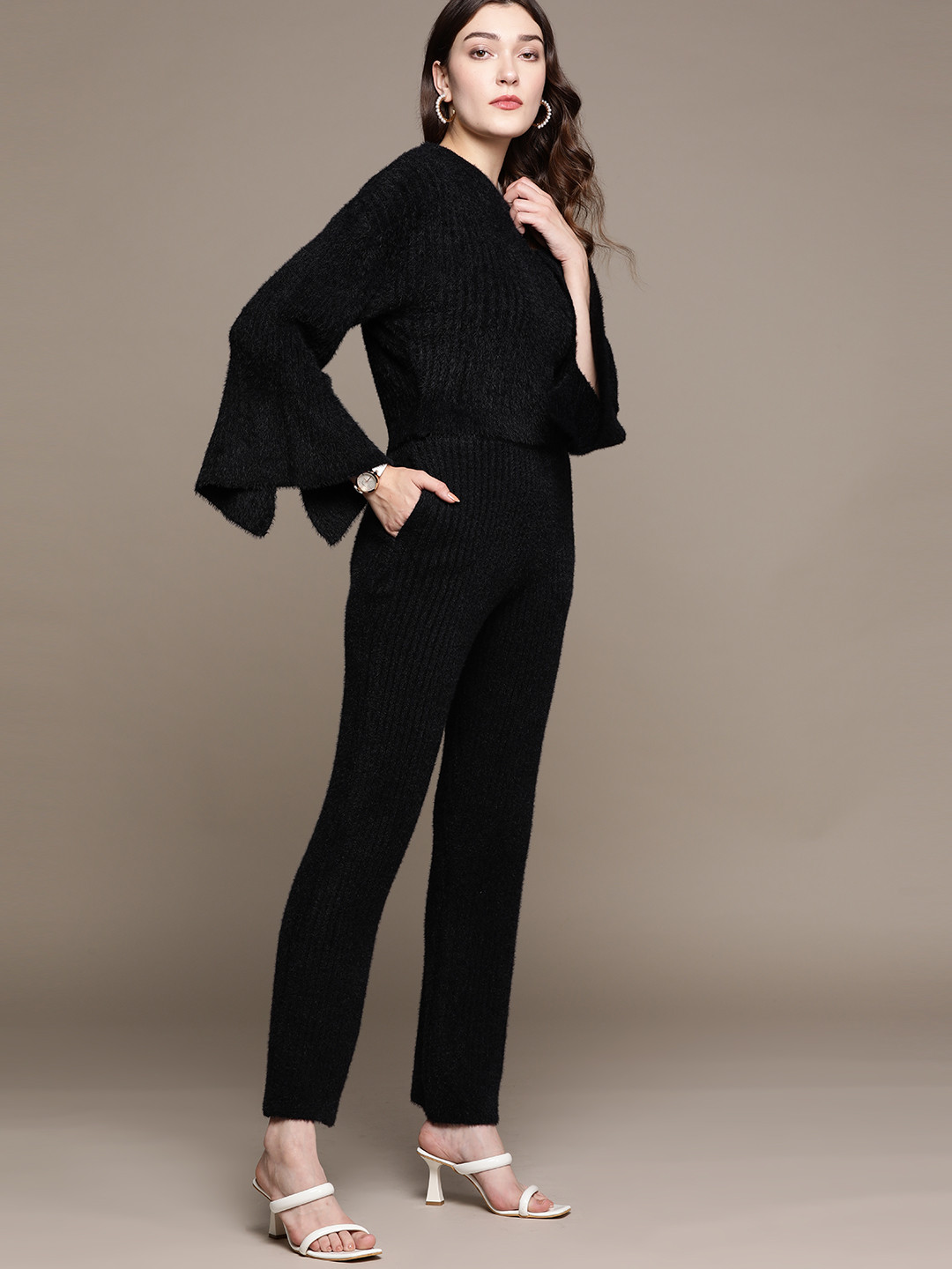 Buy Bebe Jet Black Ribbed All Day Fuzzy Detail Flared Sleeves Winter Co ...
