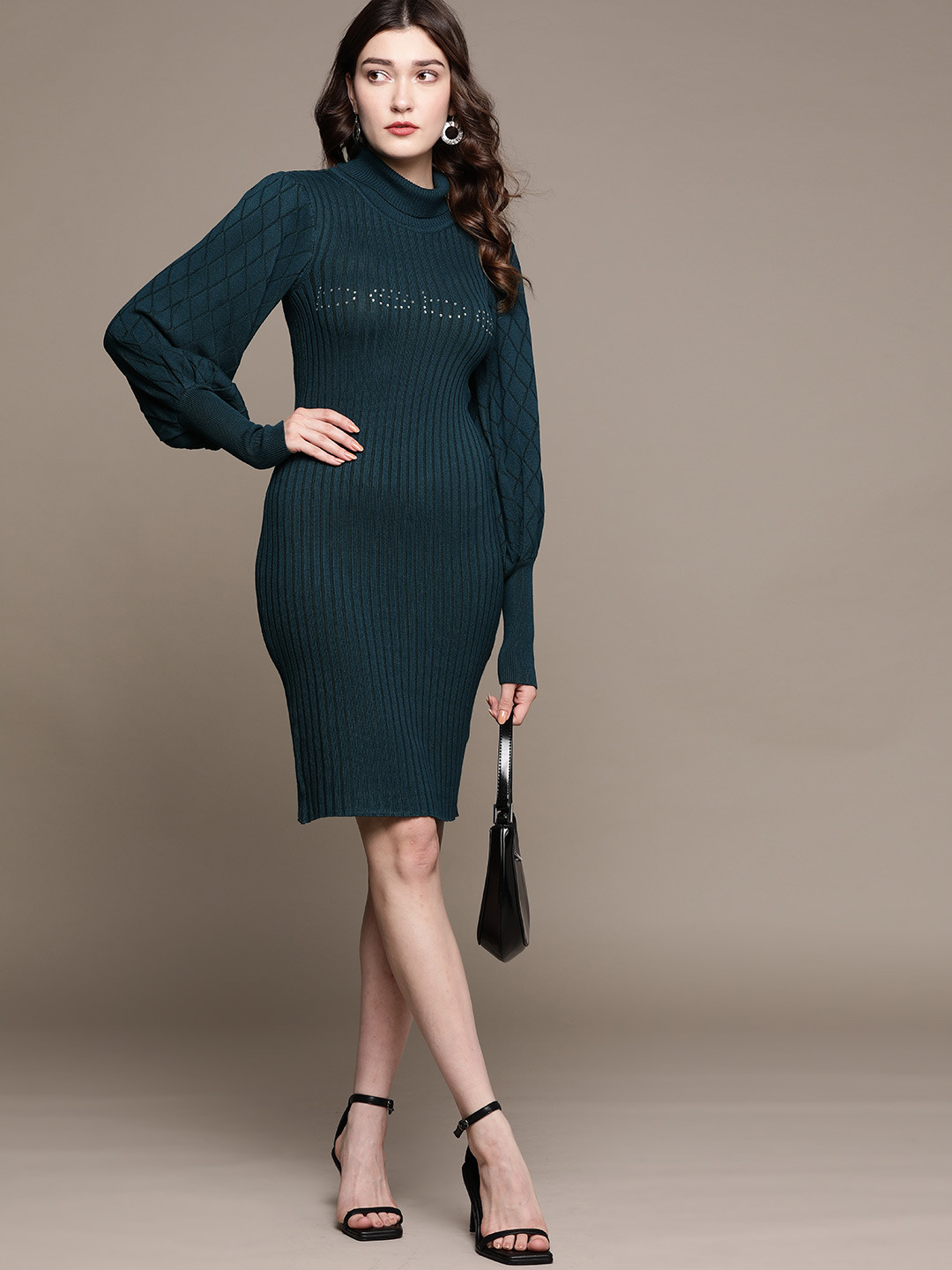 Buy Bebe Teal Blue Season Staples Ribbed Bodycon Midi Winter Dress ...