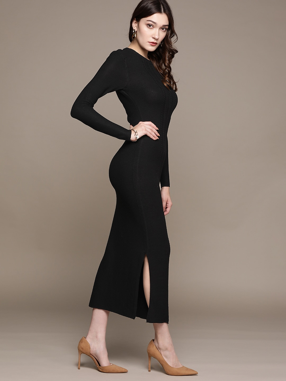 Buy Bebe Jet Black All Day Side Slit Detail Cable Knit Bodycon Winter ...