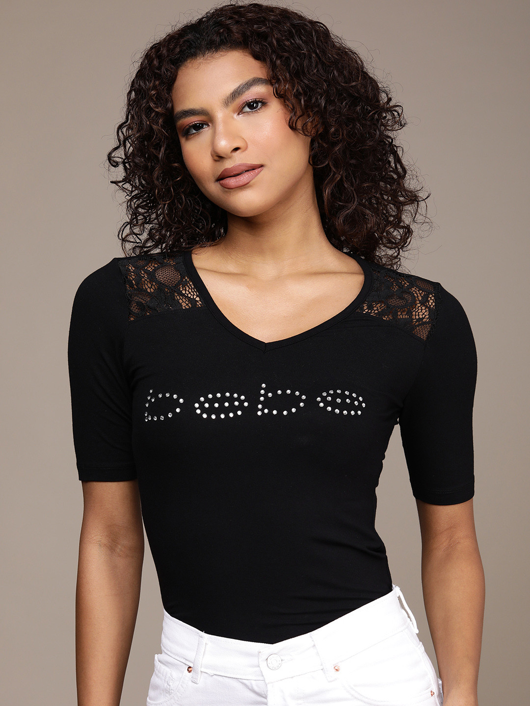 Buy Bebe Women Essential Brand Logo Embellished V Neck T Shirt ...