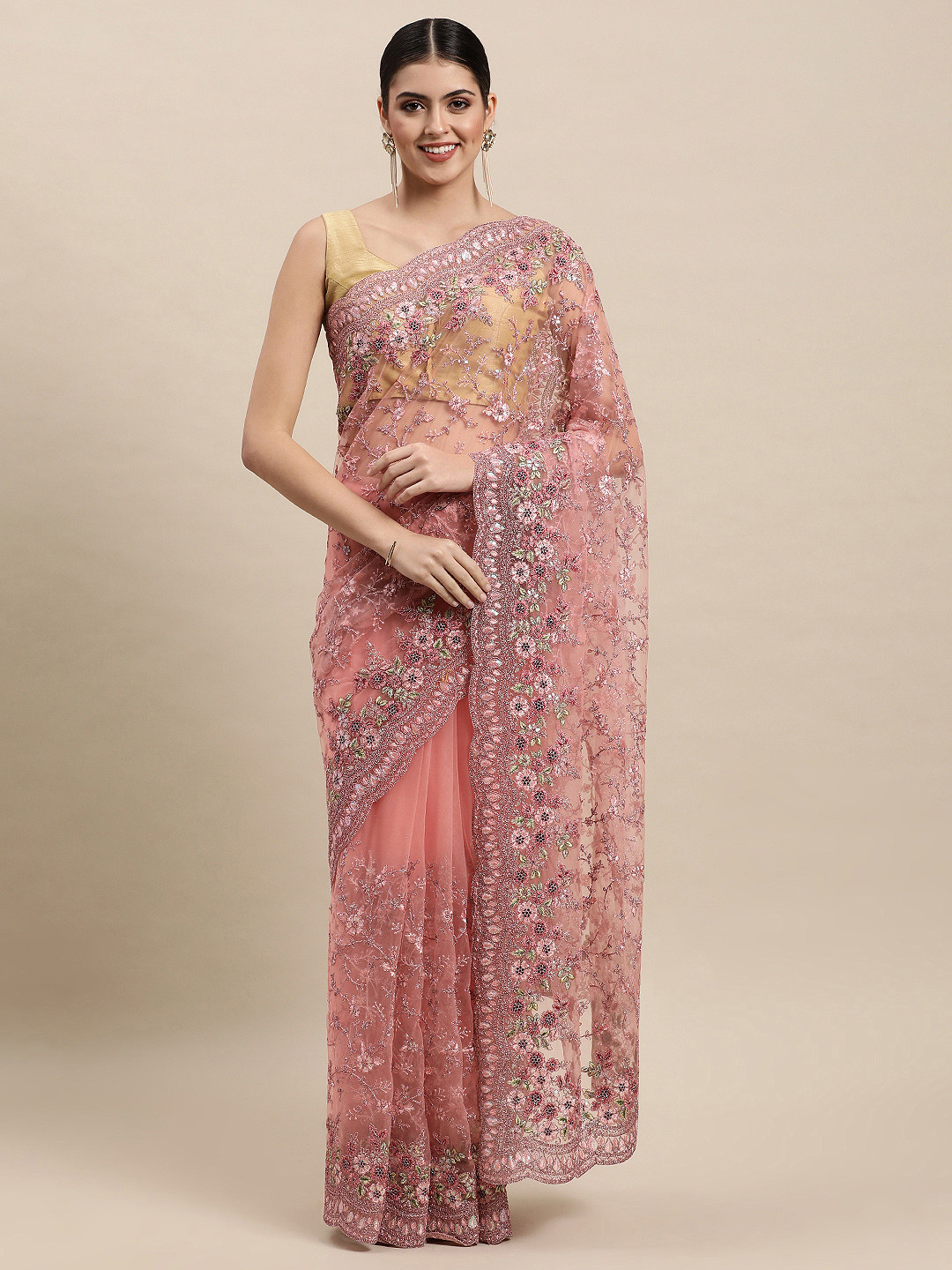 Buy MOHEY Pink Floral Embroidered Net Saree - Sarees for Women 18854196 ...