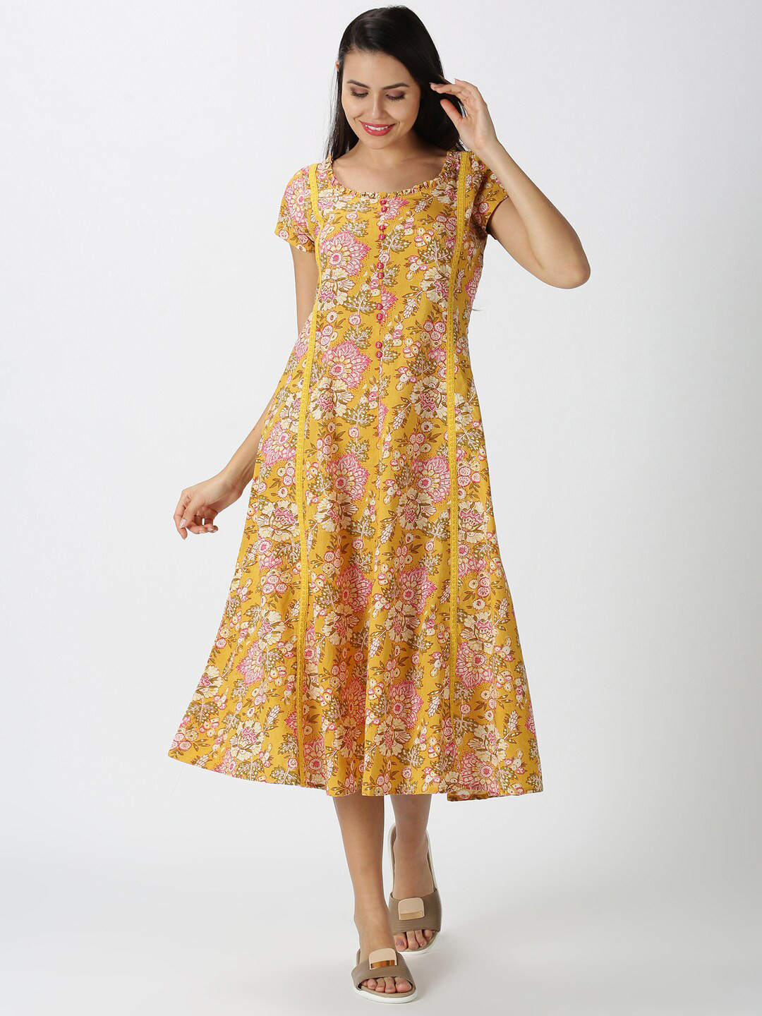 Buy Saffron Threads Yellow Floral Print A Line Dress - Ethnic Dresses ...