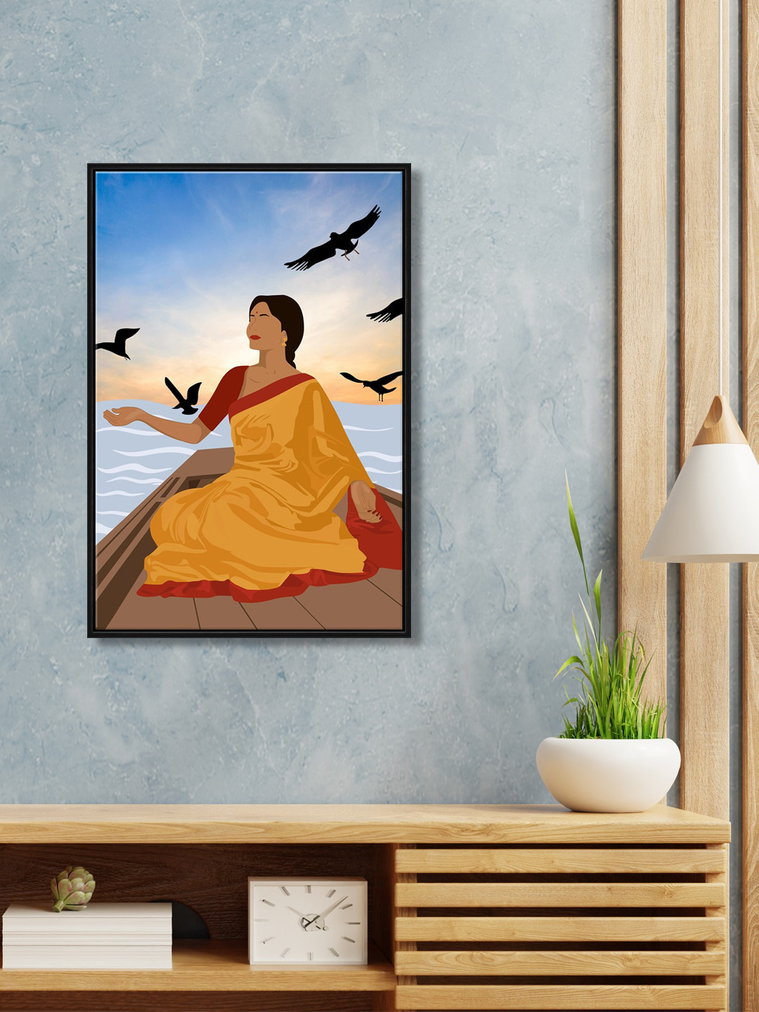 Buy 999Store Brown & Blue Lady Singing In Boat Canvas Wall Art - Wall ...