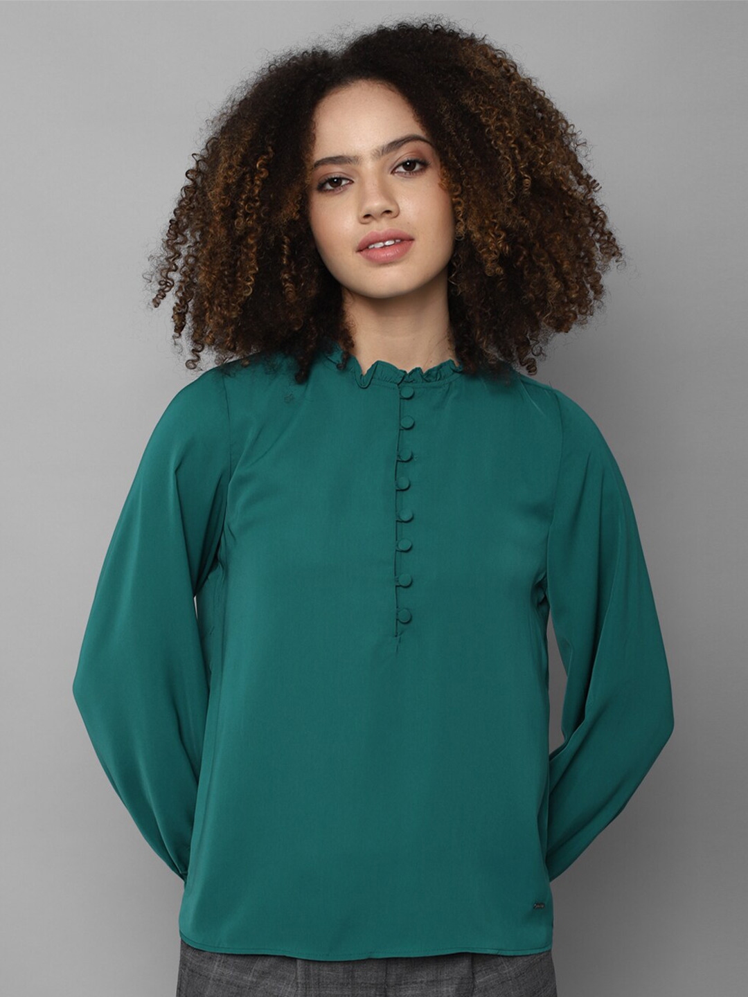 Buy Allen Solly Woman Green And Keppel Mandarin Collar Shirt Style Top