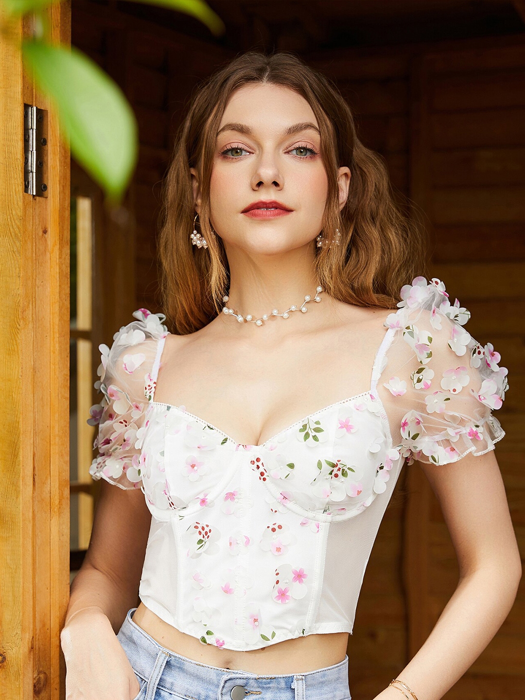Buy Urbanic White Floral Print Sweetheart Neck Crop Top Tops For