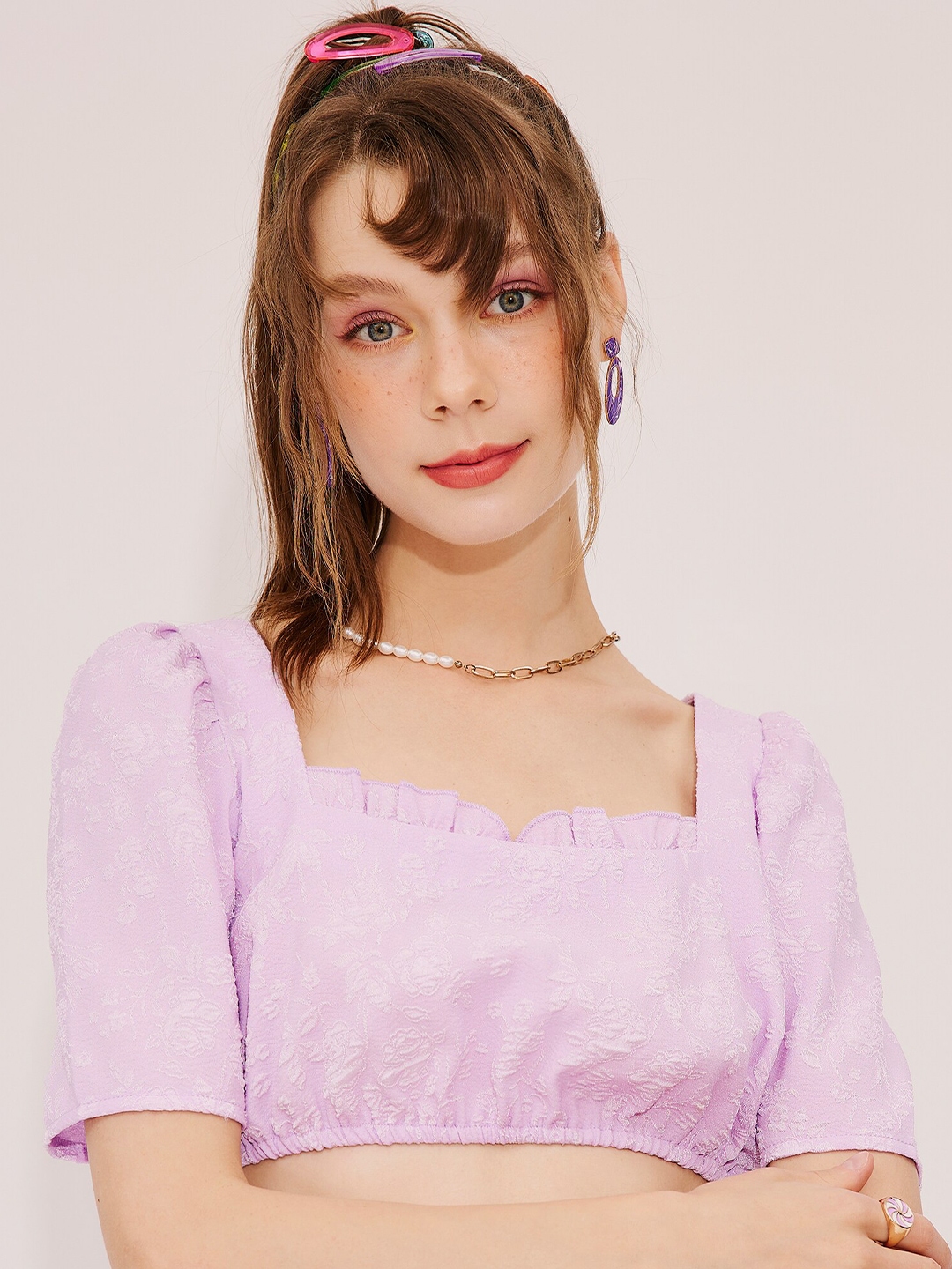 Buy Urbanic Purple Floral Embroidered Blouson Crop Top Tops For Women