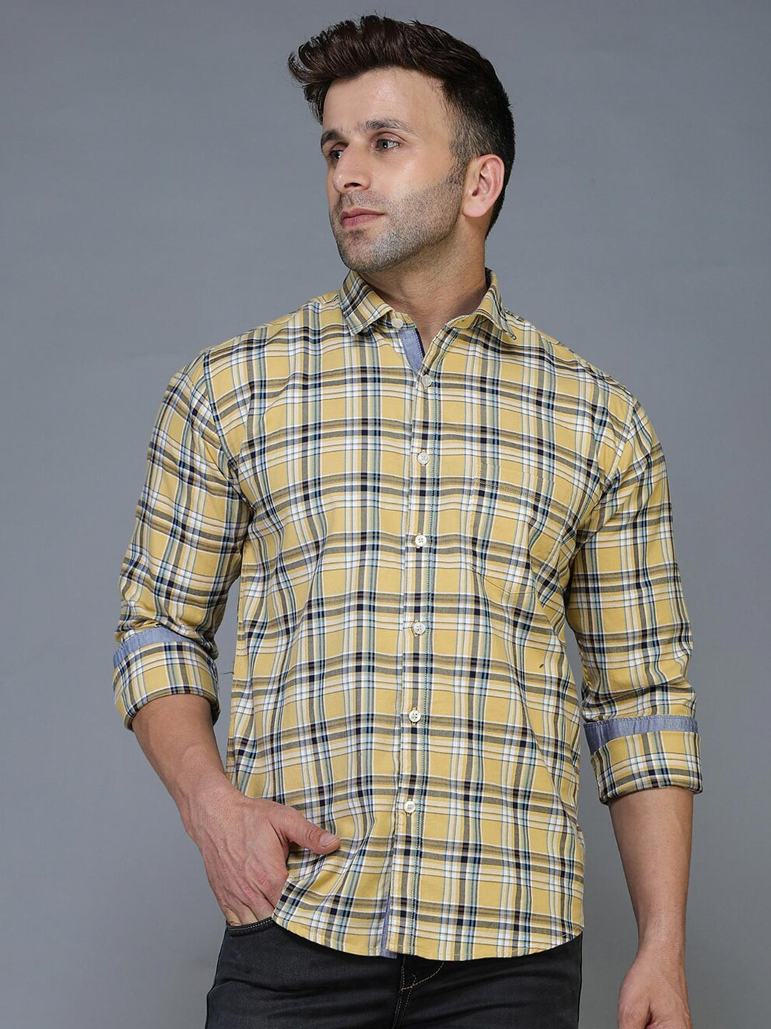 Buy TQS Men Mustard Standard Tartan Checks Checked Casual Shirt ...