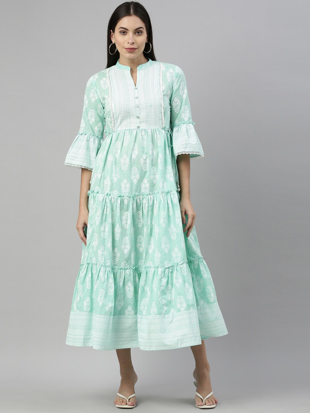 Buy Neerus Women Sea Green Ethnic Motifs Printed Flared Sleeves Thread