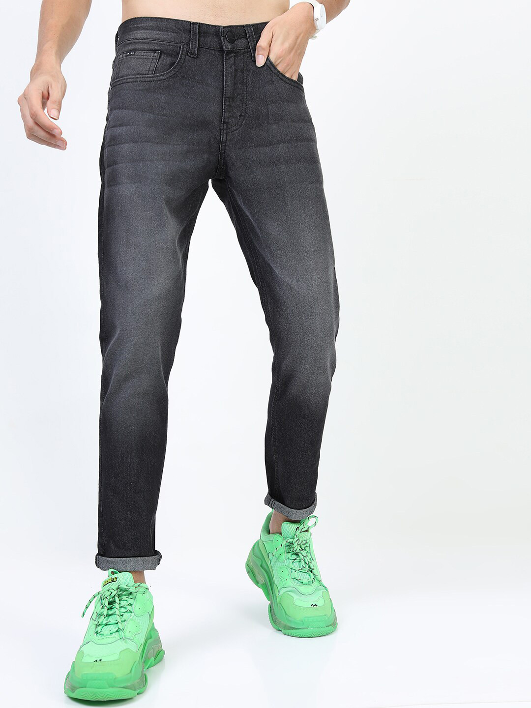 Buy KETCH Men Charcoal Tapered Fit Clean Look Light Fade Stretchable ...