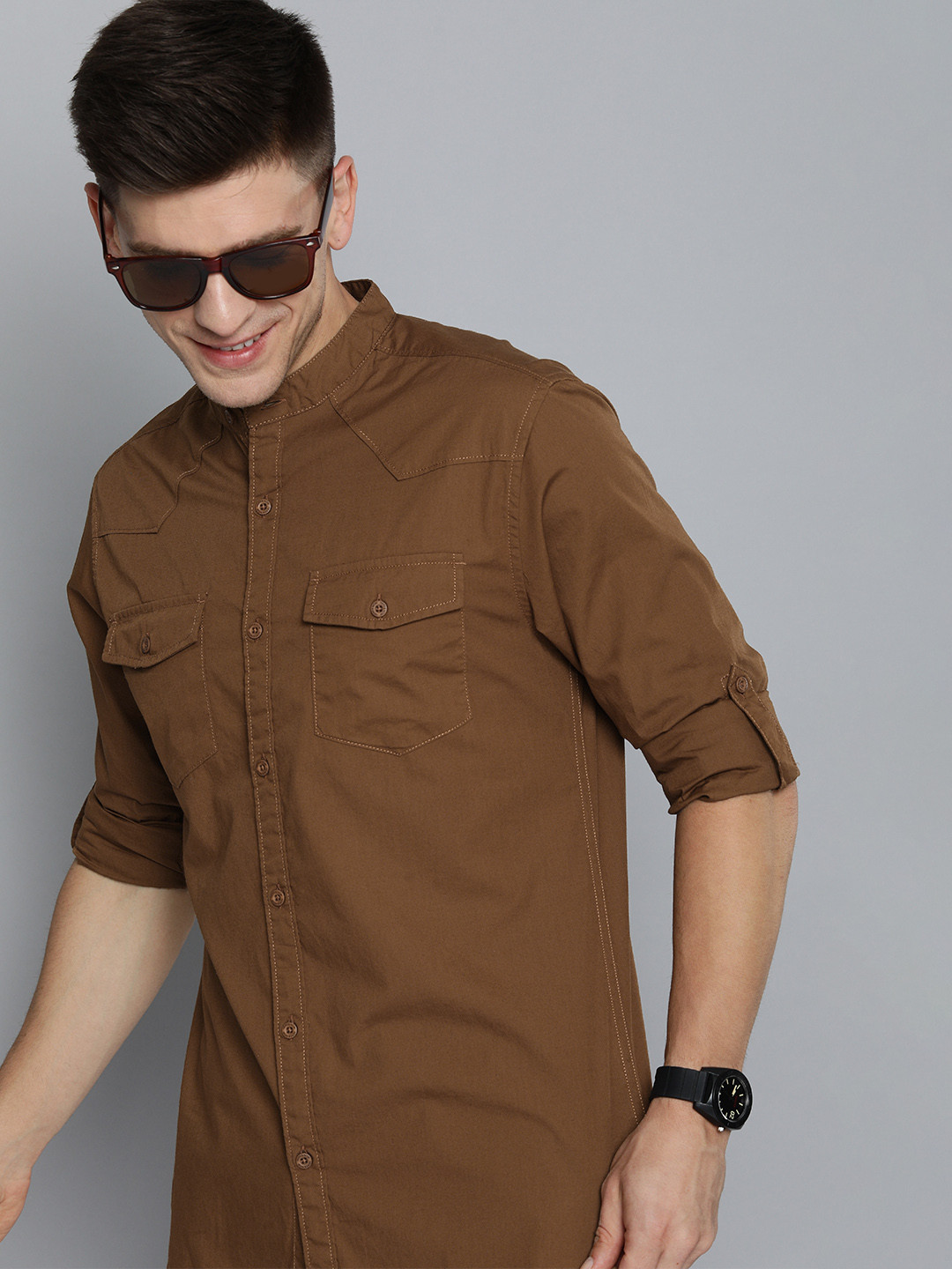 Buy HERE&NOW Men Rust Pure Cotton Slim Fit Mandarin Collar Casual Shirt ...