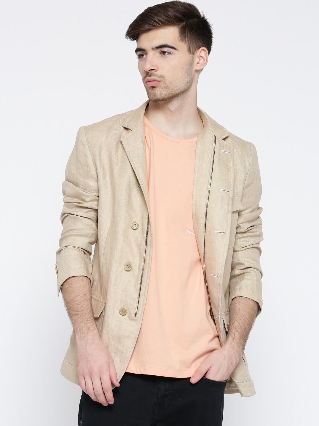 Buy Lombard Men Beige Linen Slim Single Breasted Casual Blazer ...