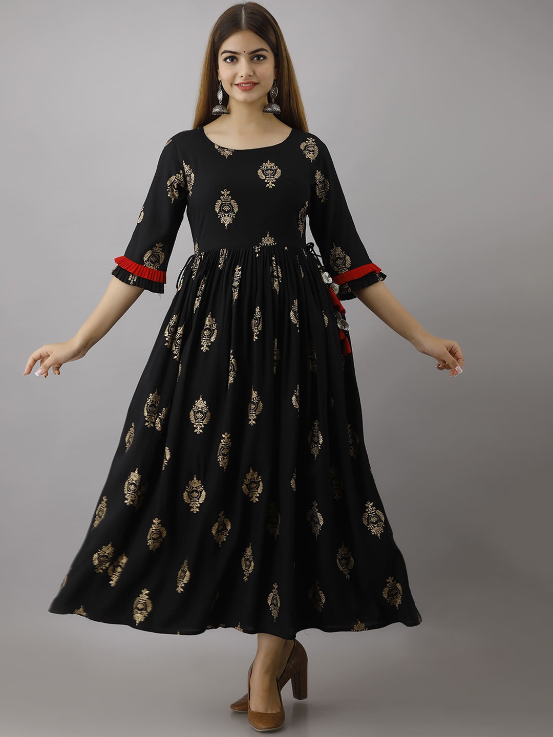 Buy Kimayra Women Black Ethnic Motifs Printed Flared Sleeves Anarkali