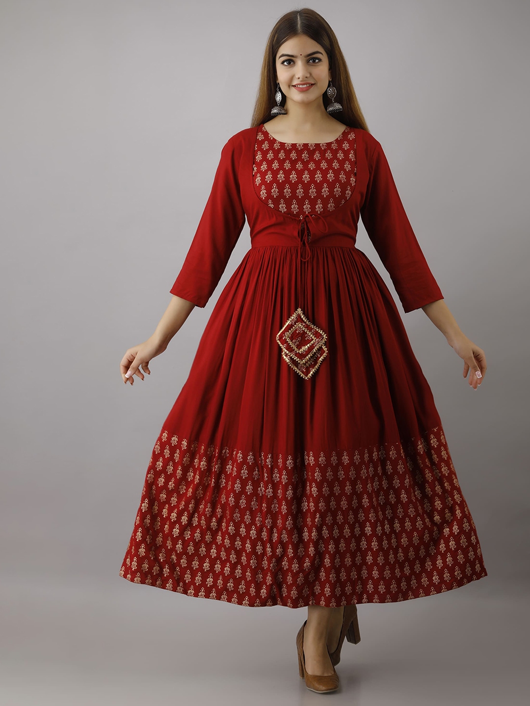 Buy Kimayra Women Maroon Ethnic Motifs Printed Flared Sleeves Anarkali
