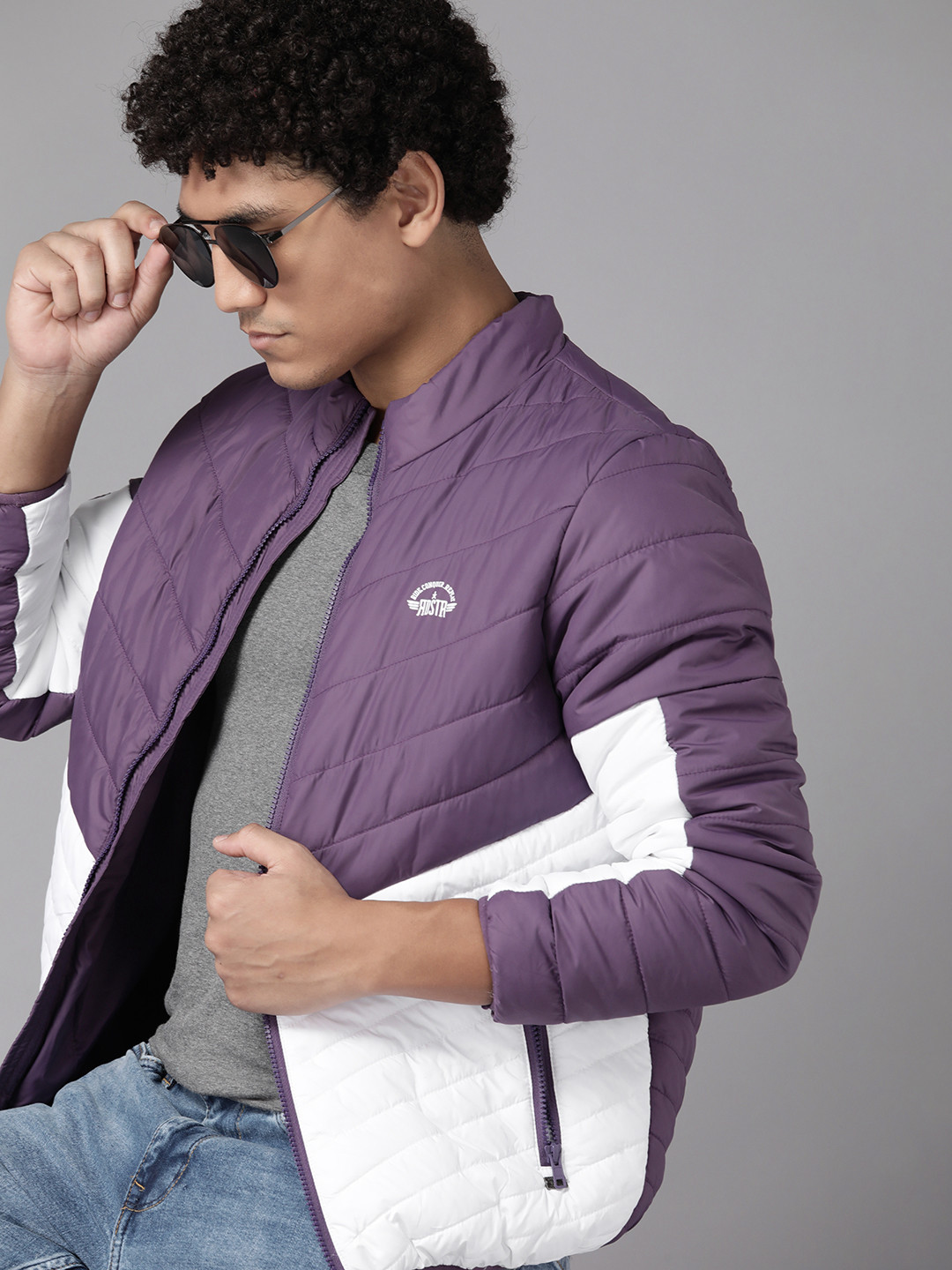 Buy Roadster Men Purple & White Colourblocked Padded Jacket - Jackets ...