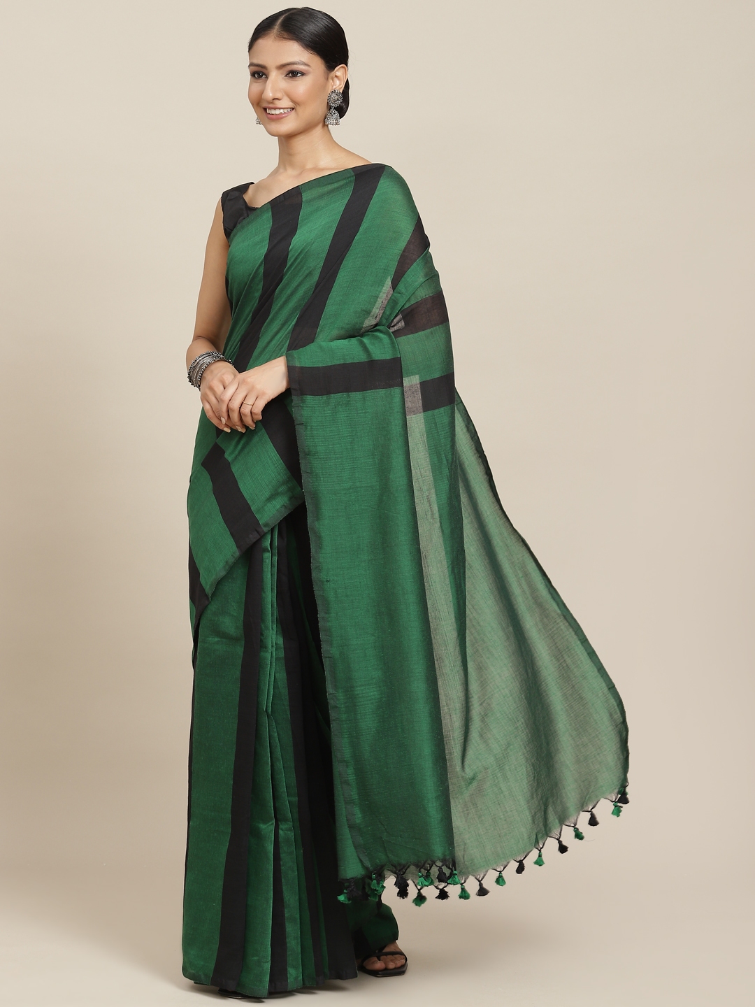 Buy ADITRI Green & Black Striped Pure Cotton Saree - Sarees for Women ...