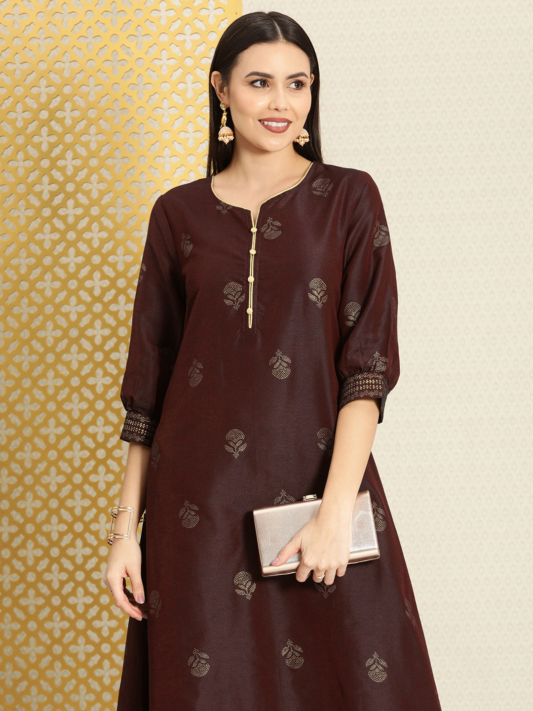 Buy House Of Pataudi Women Brown Ethnic Motifs Woven Design Jashn Kurta ...