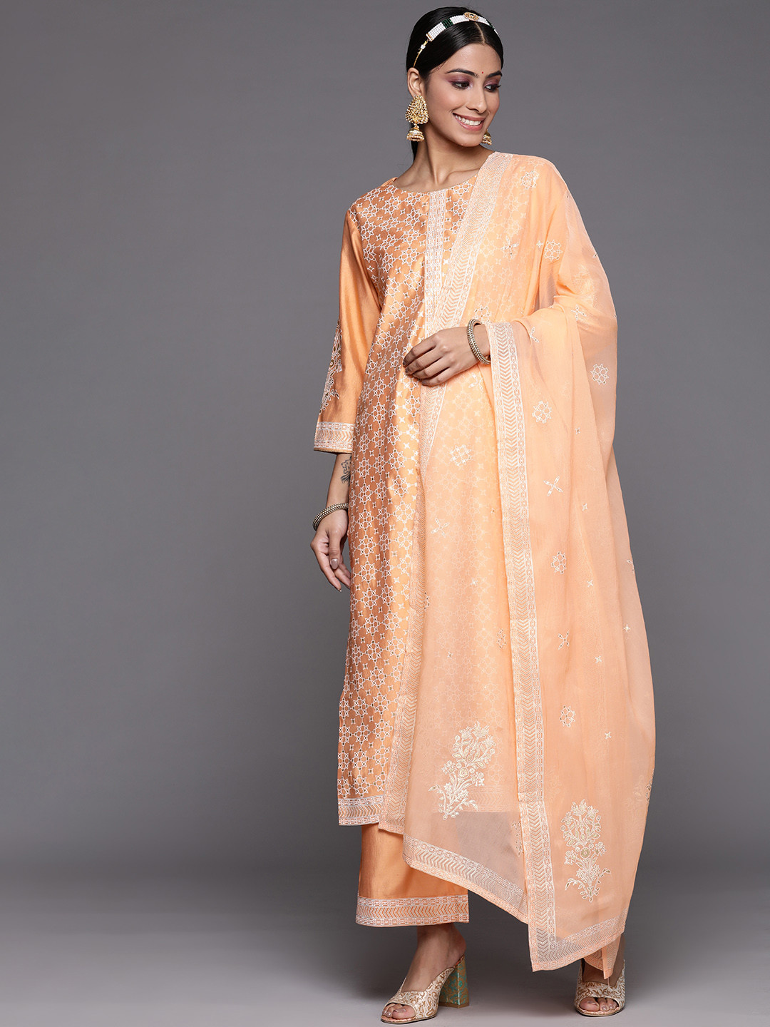 Buy Indo Era Women Peach Coloured Printed Liva Kurta With Palazzos ...