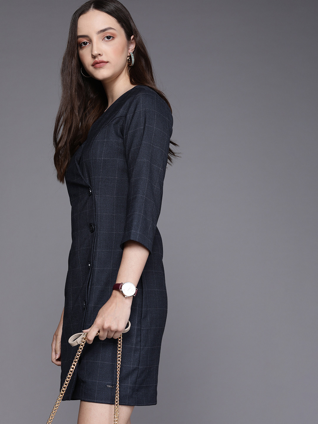 Buy Allen Solly Woman Blue & White Checked Formal Dress - Dresses for ...