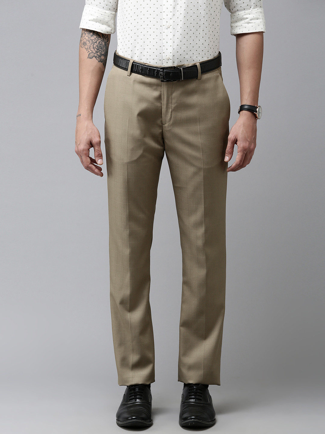 Buy Arrow Men Beige Checked Tailored Fit Formal Trousers - Trousers for ...