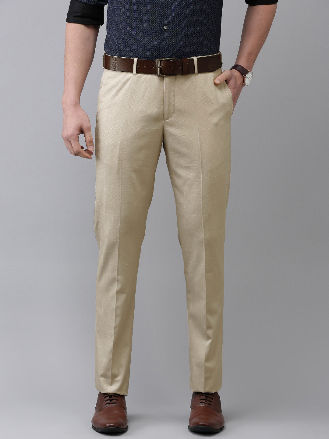 Buy Arrow Men Beige Checked Tailored Formal Trousers - Trousers for Men ...
