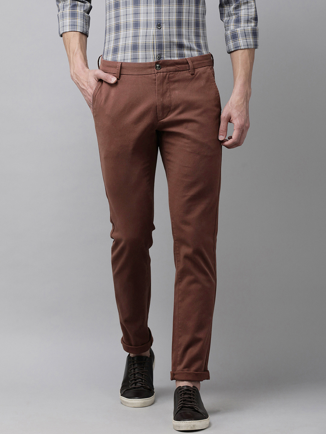 Buy Arrow Sport Men Dark Rust Brown Original Slim Fit Mid Rise Plain ...