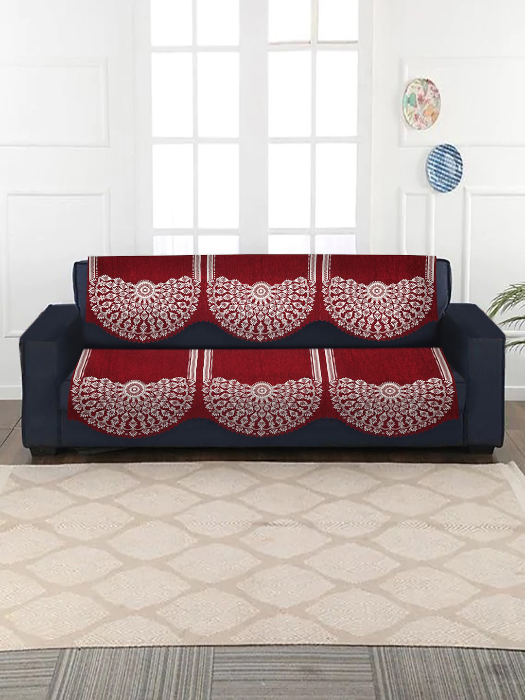 Buy HOSTA HOMES Set Of 6 Maroon Jacquard Velvet 3 Seater Sofa Cover ...