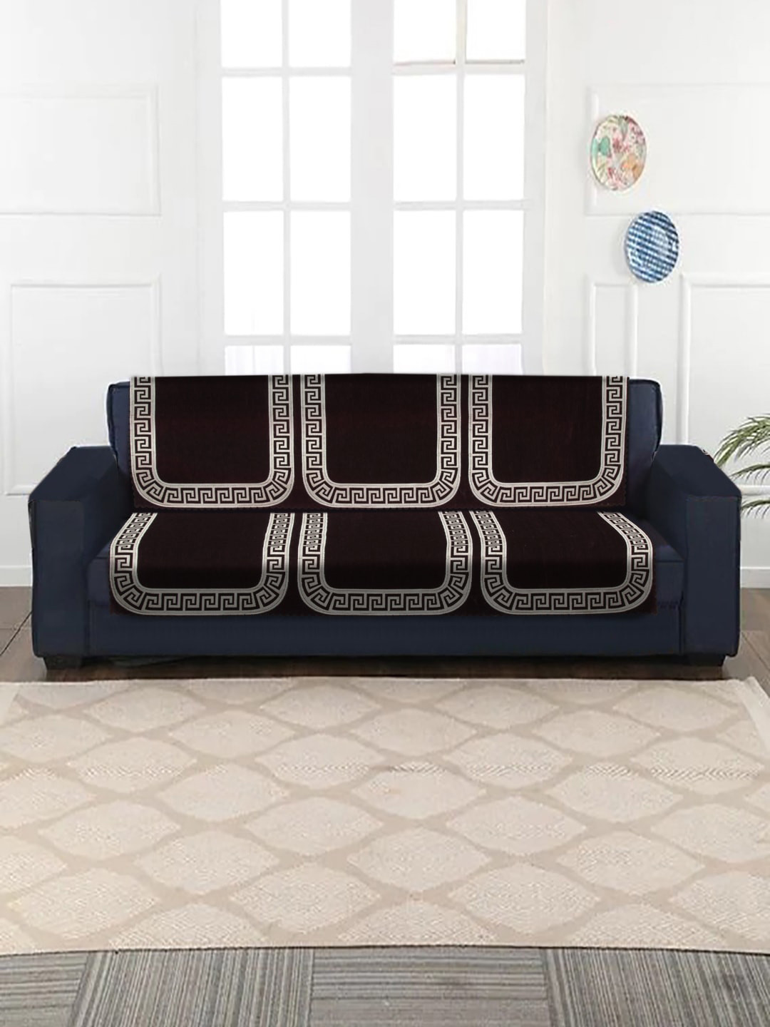 Buy HOSTA HOMES 6 Pieces Black Self Design Jacquard Velvet 3 Seater ...