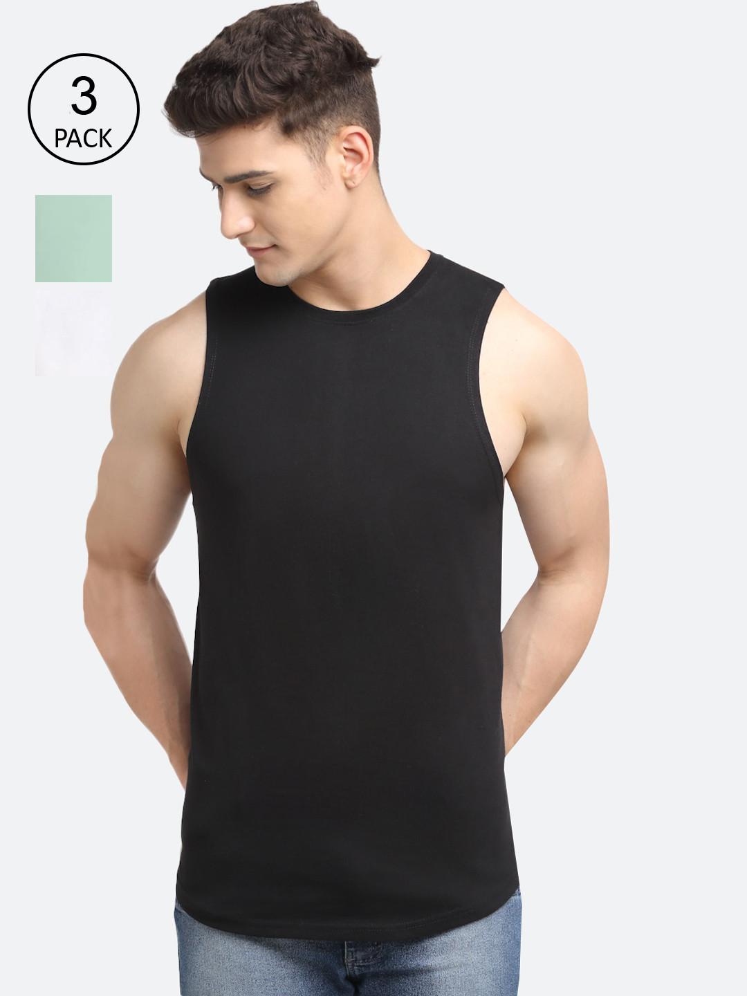 Buy Friskers Men Pack Of 3 Black Solid Cotton Apple Cut Gym Vests ...