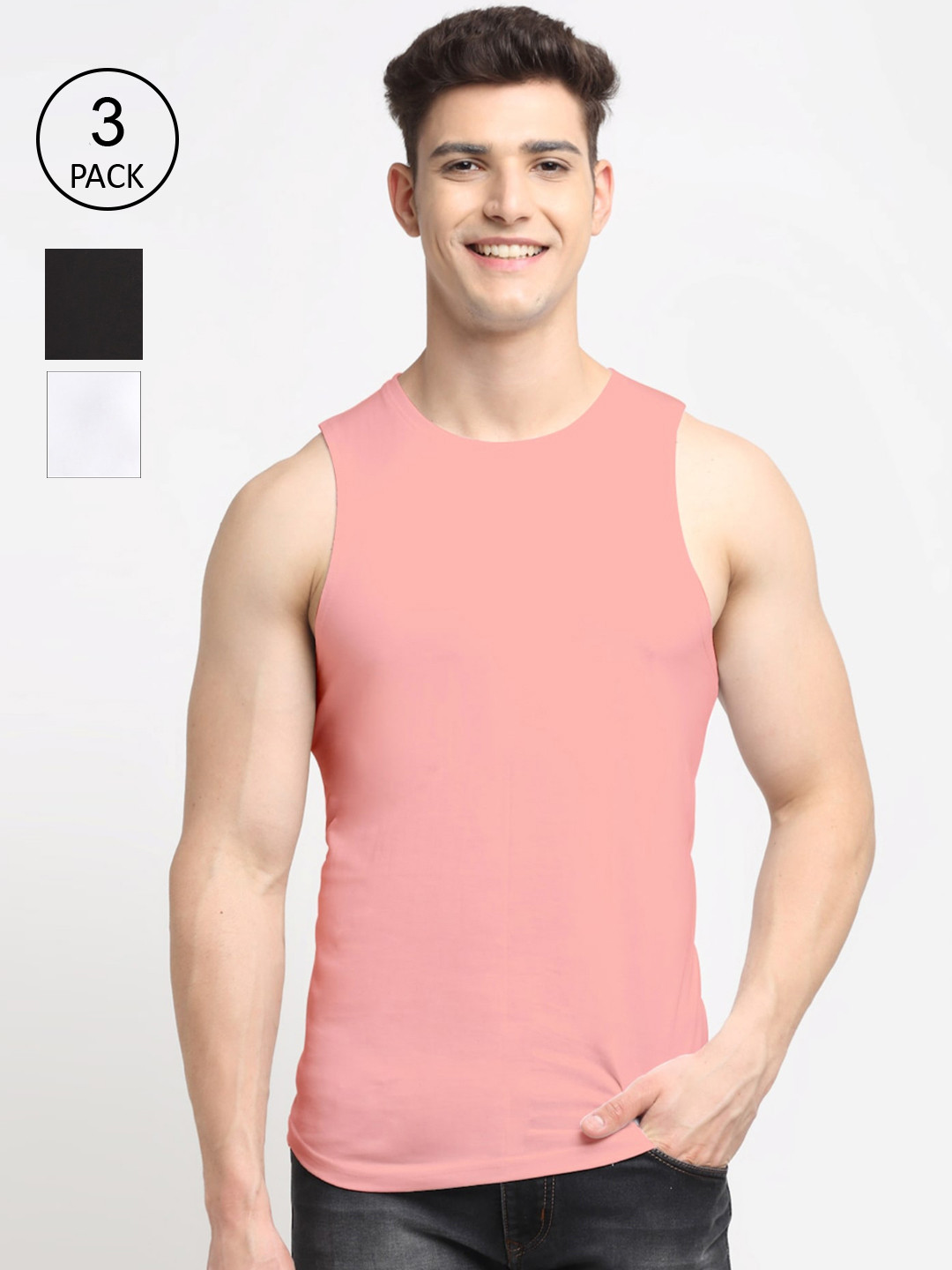 Buy Friskers Men Pack Of 3 Black & White Solid Pure Cotton Gym Vests ...