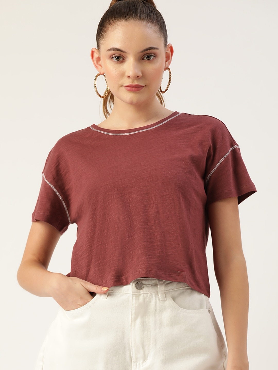 Buy Dressberry Women Rust Brown Drop Shoulder Sleeves Pure Cotton T