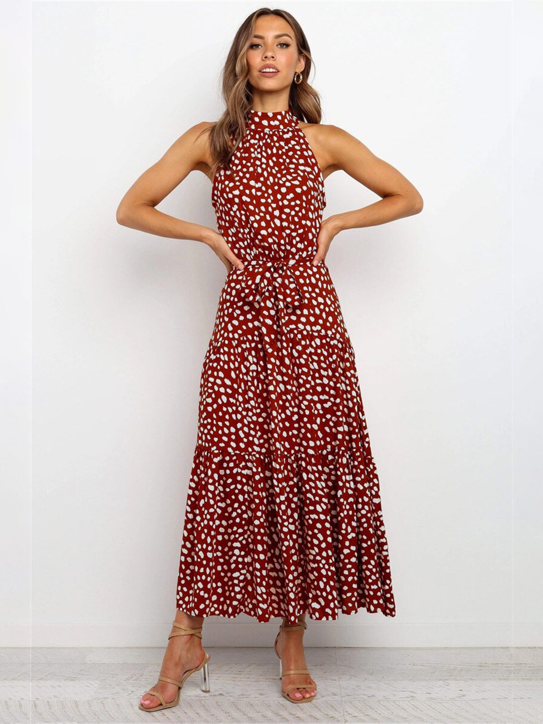 Buy Bostreet Women Maroon Floral Printed Halter Neck Maxi Dress