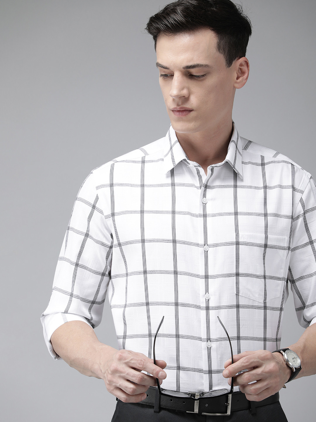 Buy Arrow Men White And Black Original Slim Fit Windowpane Checked Pure ...