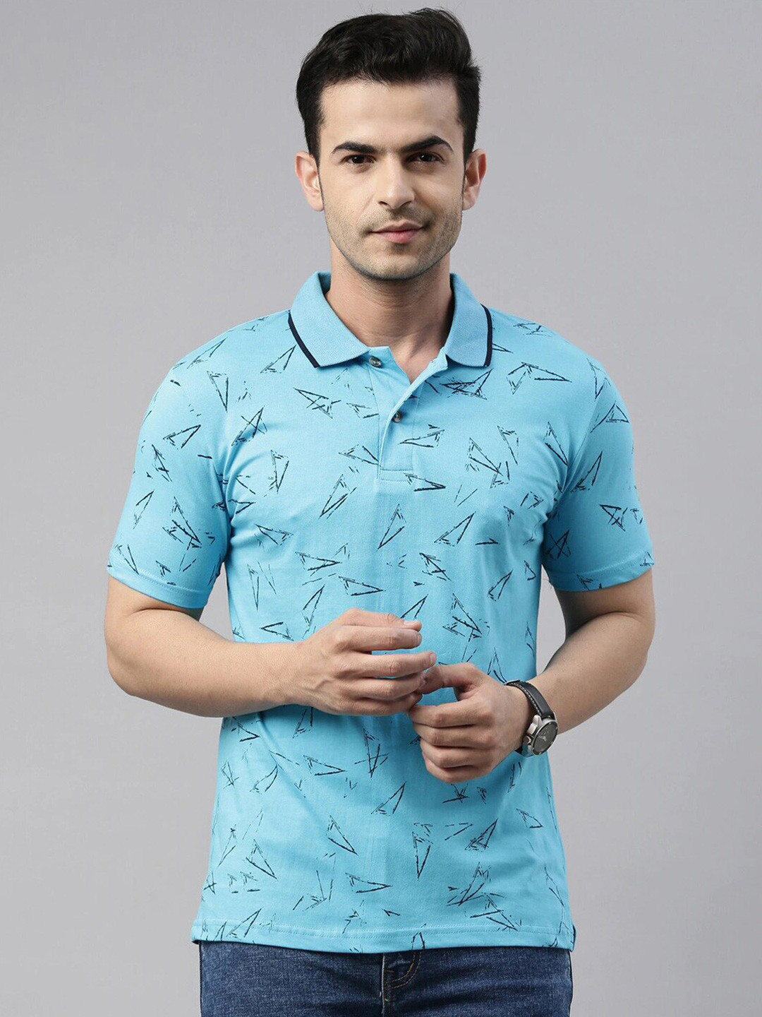 Buy Kryptic Men Blue Printed Pure Cotton Tropical Polo Collar T Shirt ...