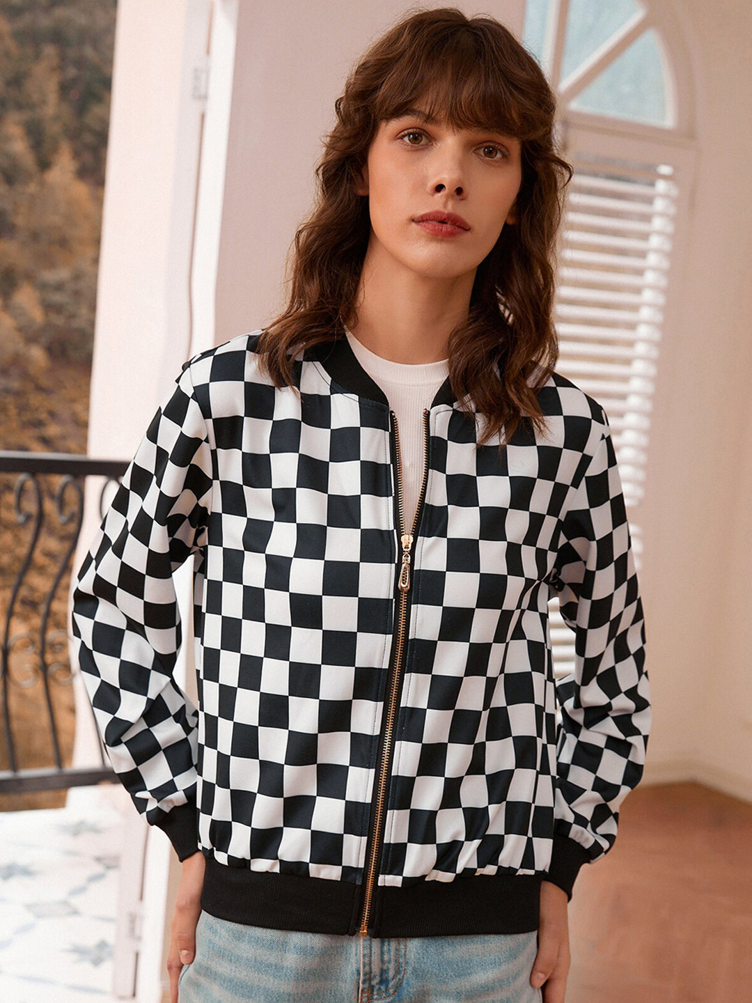 Buy URBANIC Women Black White Crop Chess Checked Bomber Jacket ...