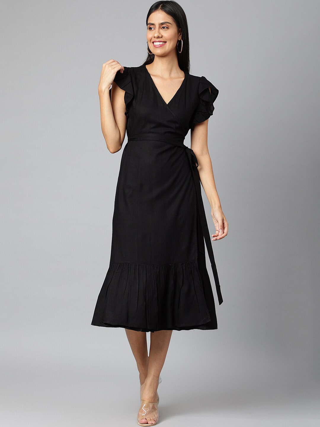 Buy FINSBURY LONDON Women Black Wrap Midi Dress - Dresses for Women ...