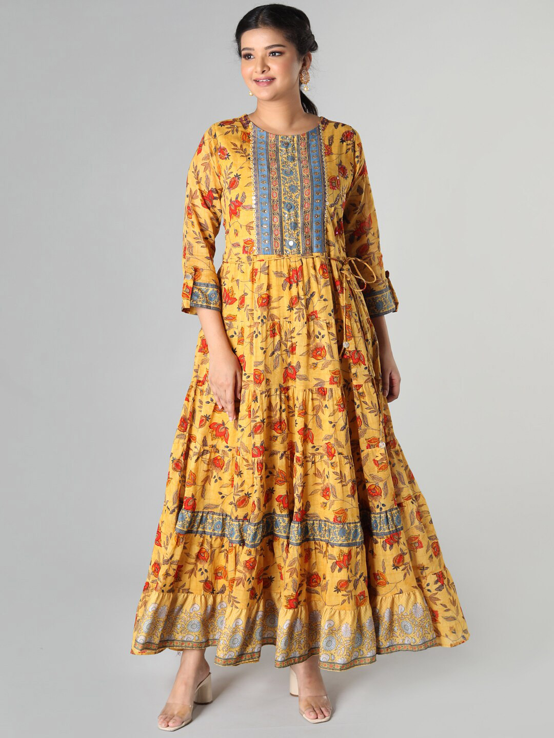 Buy Taruni Mustard Yellow & Red Ethnic Motifs Cotton Ethnic Maxi Dress ...