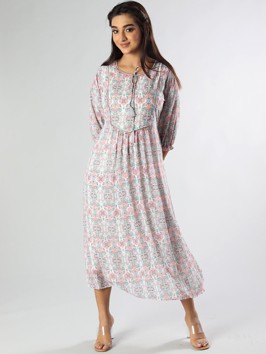 Buy Taruni White & Green Floral Tie Up Neck Georgette Maxi Dress ...