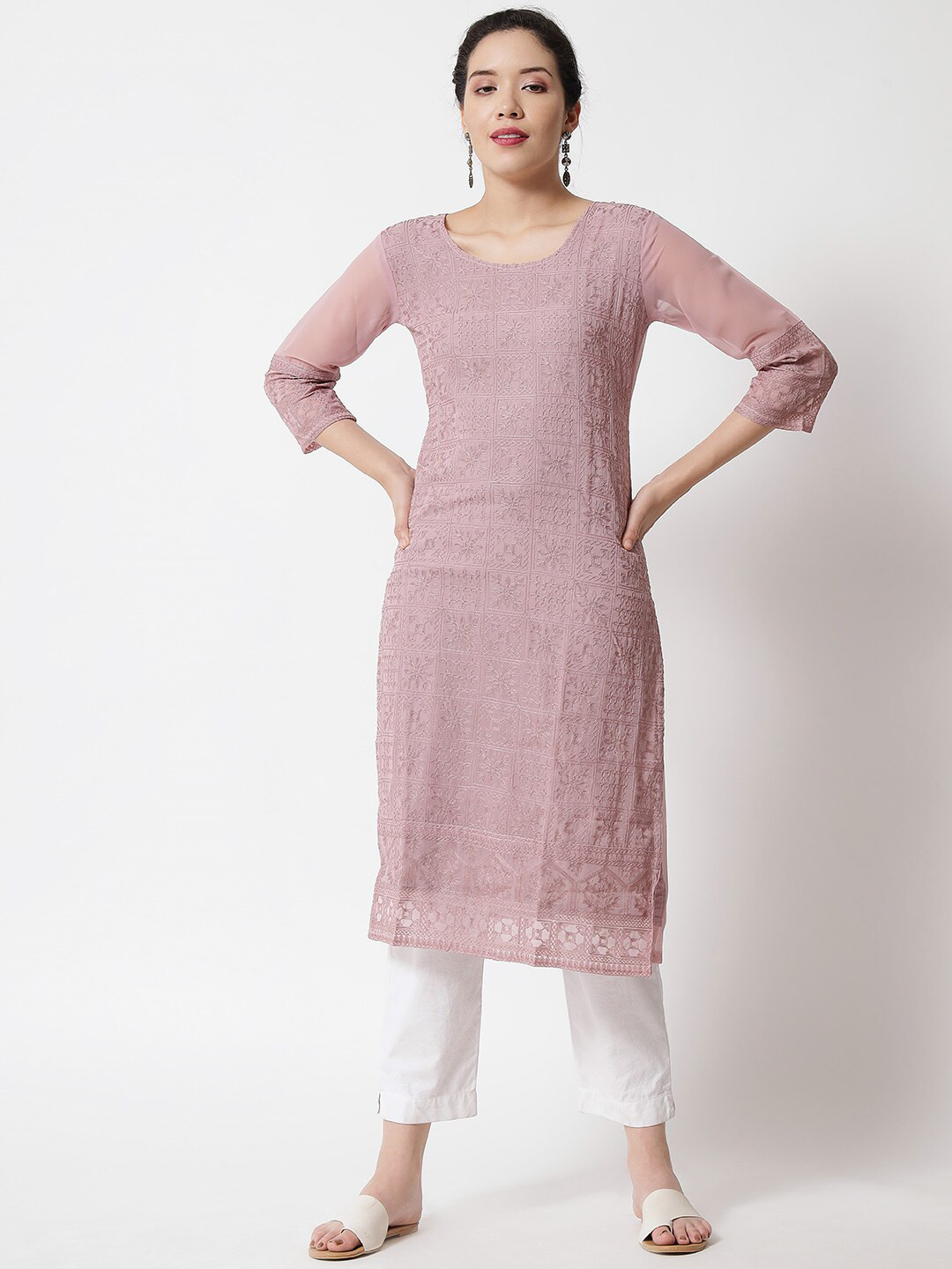 Buy VAIRAGEE Women Peach Coloured Georgette Kurta - Kurtas for Women ...