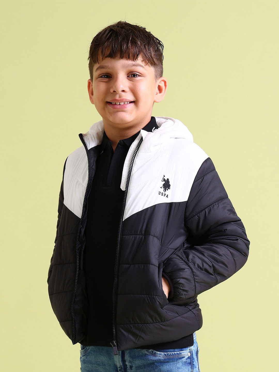 Buy U.S. Polo Assn. Kids Boys Black & White Colourblocked Puffer Jacket ...