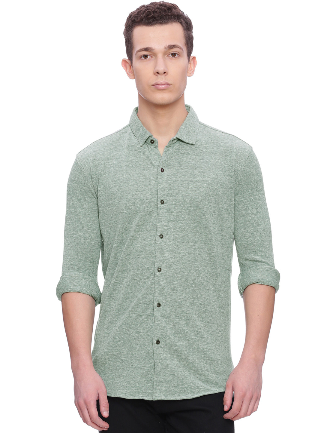 Buy Basics Men Green Slim Fit Solid Casual Shirt - Shirts for Men ...