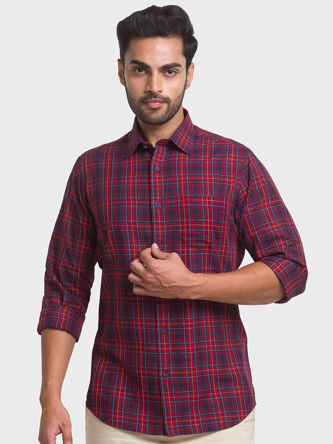 Buy ColorPlus Men Red Regular Fit Checked Cotton Casual Shirt - Shirts ...