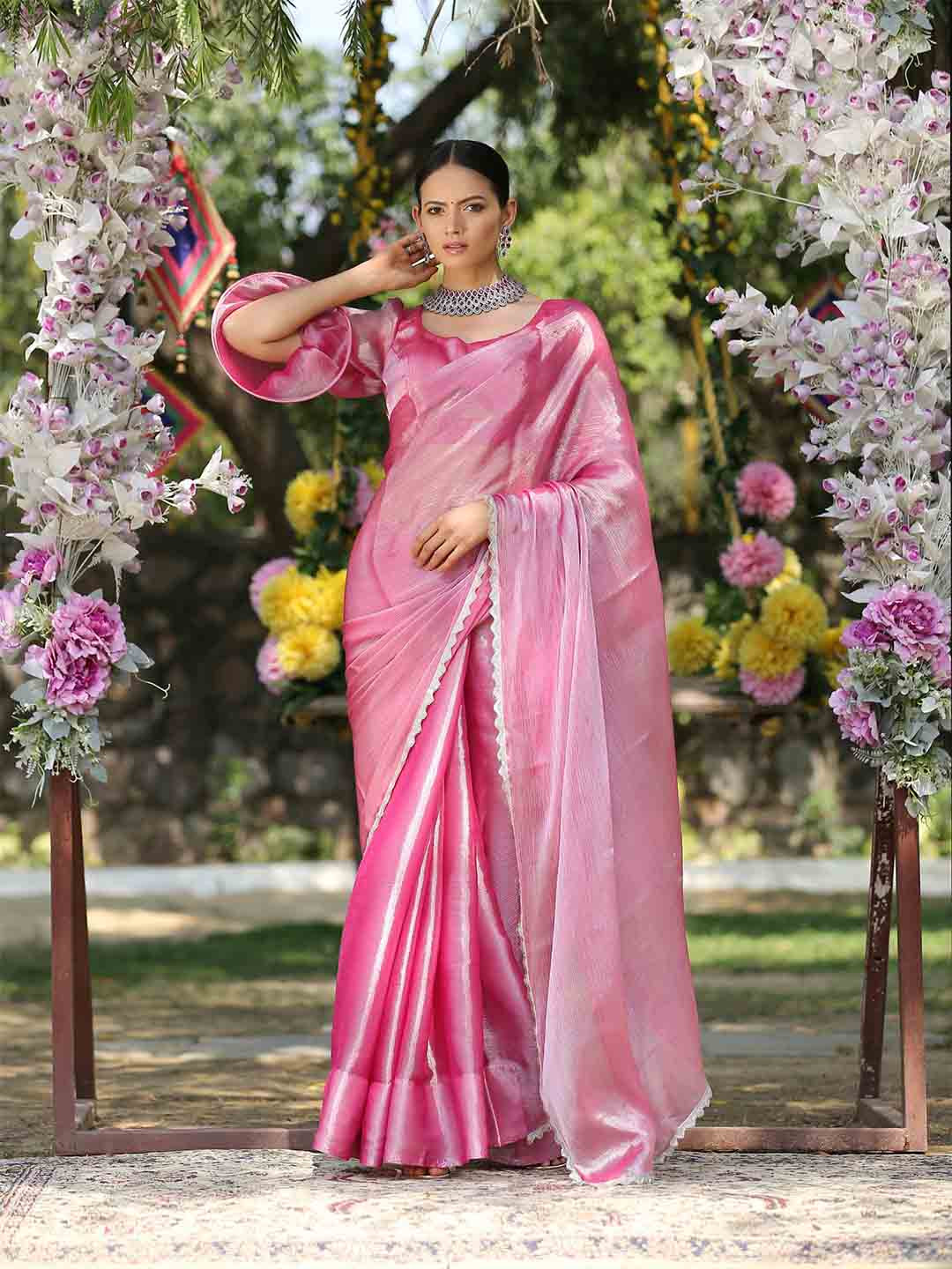 Buy Swtantra Pink & Silver Toned Organza Saree - Sarees for Women ...