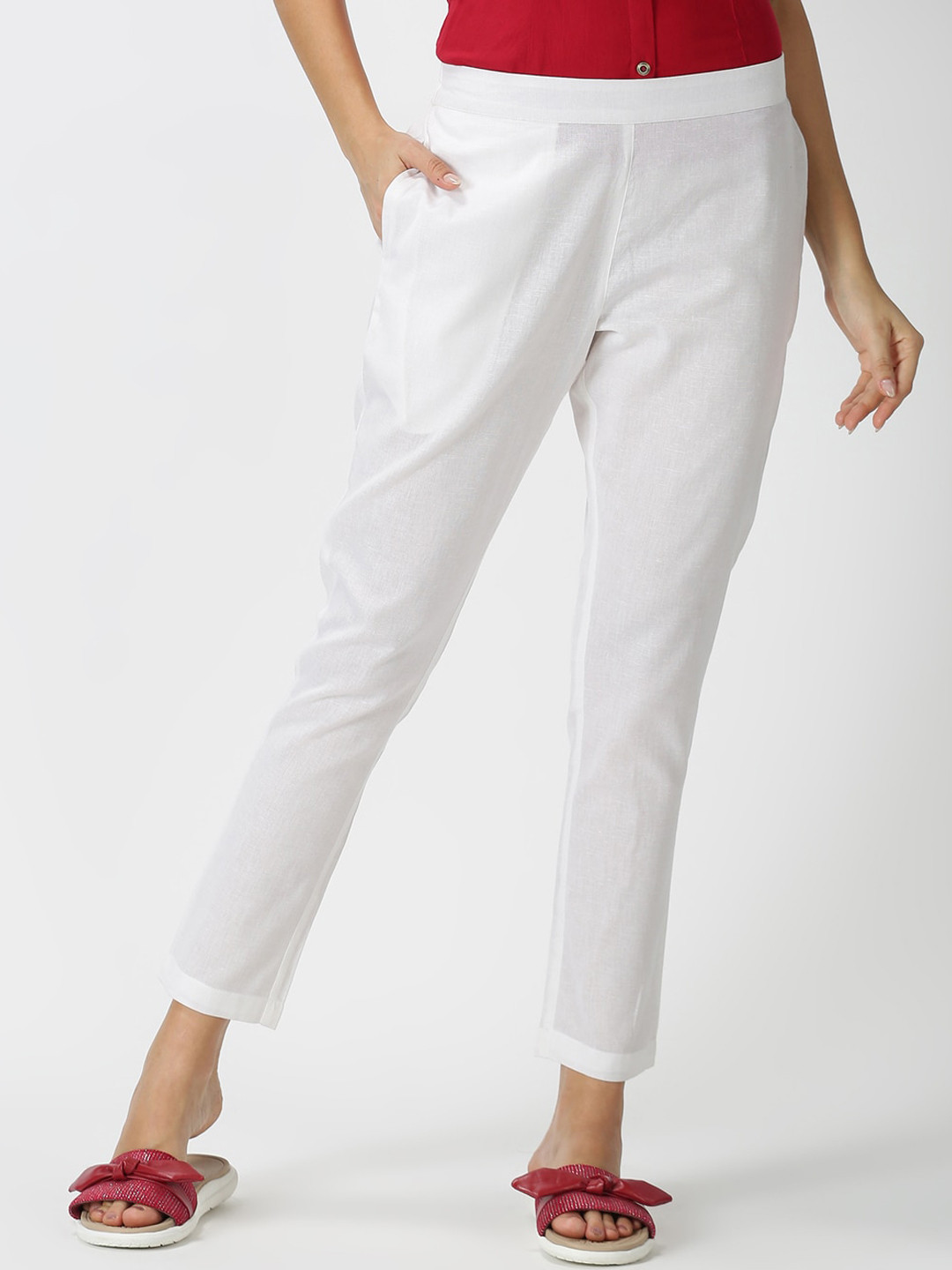 Buy Saffron Threads Women White Cotton Flax Straight Pant With Side ...