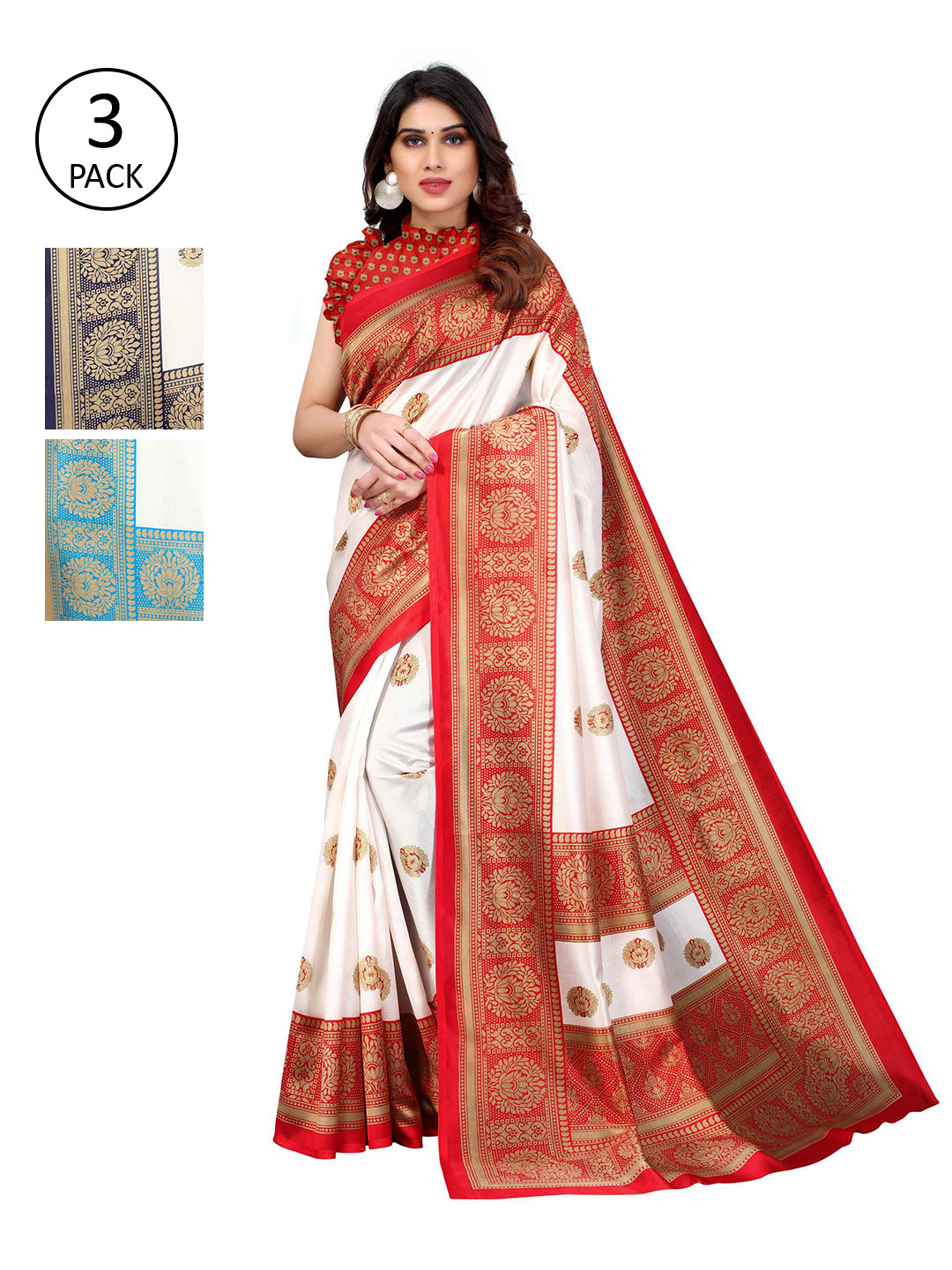 Buy AADVIKA Pack Of 3 White & Red Ethnic Motifs Mysore Silk Saree ...